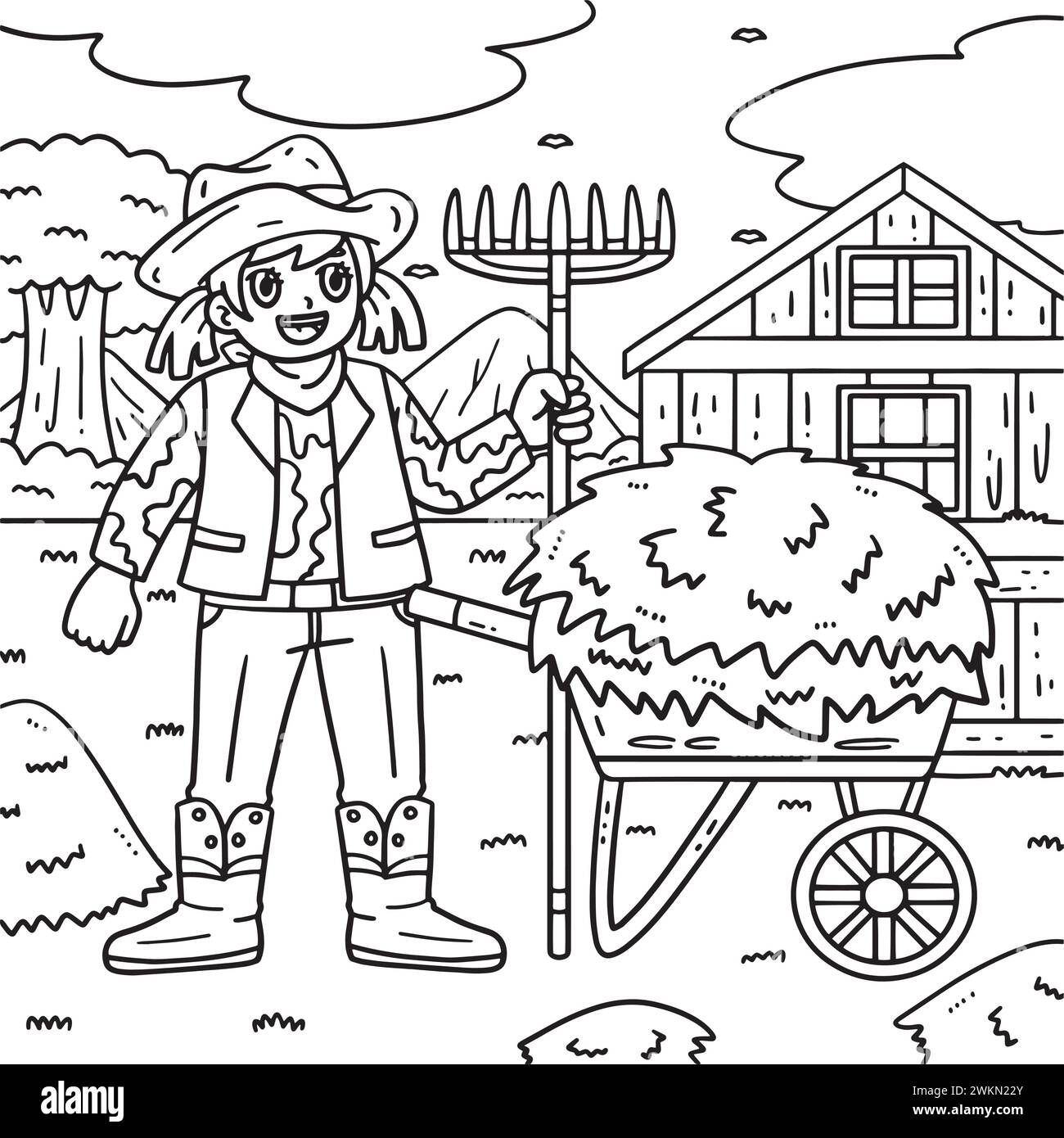 Cowgirl and Wheelbarrow Hay Coloring Page for Kids Stock Vector Image ...