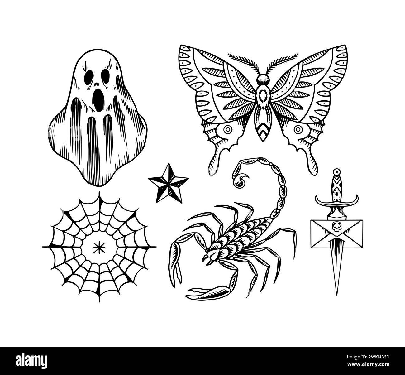 Old school Tattoo stickers set. Ghost and butterfly, scorpion and ...