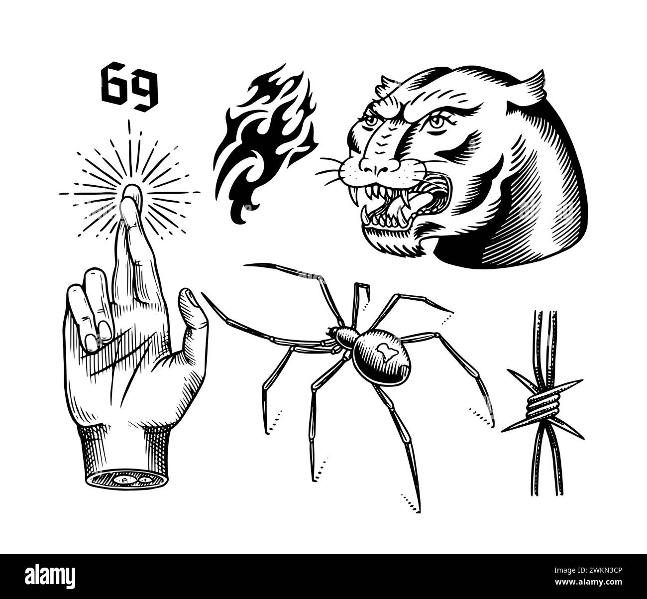 Old school Tattoo stickers set. Hope gesture, panther and spider ...