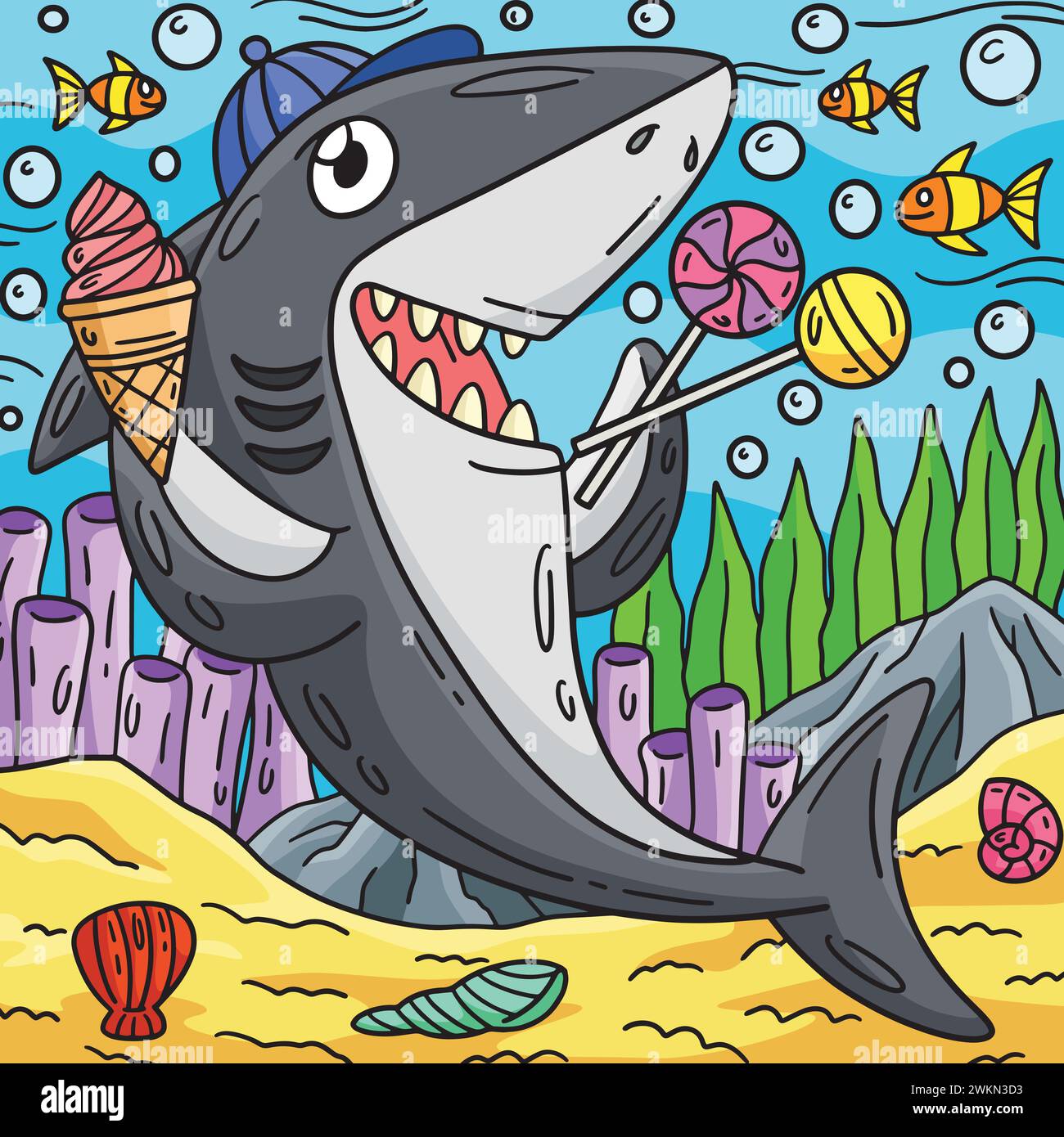 Shark with the Treat Colored Cartoon Illustration Stock Vector Image ...