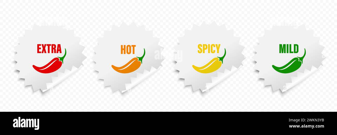 Realistic Vector Round Stickers with Spicy Chili Pepper Levels. Red ...