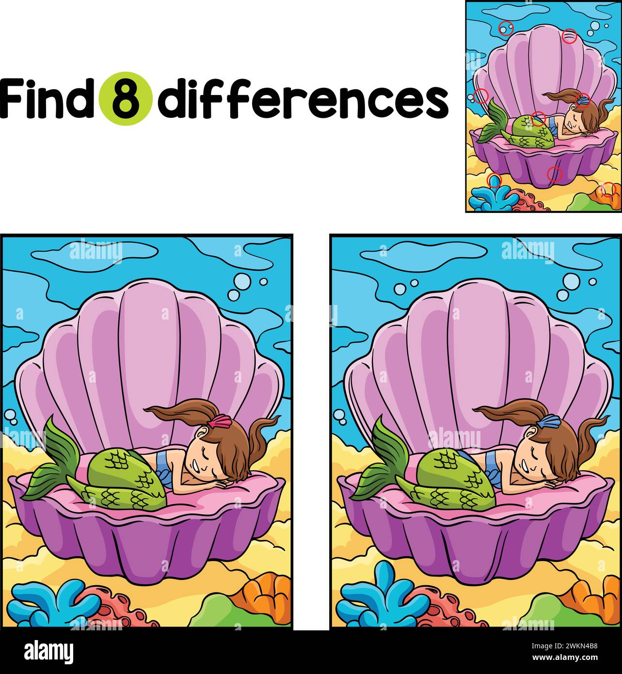 Sleeping Mermaid Clam Shell Find The Differences Stock Vector Image ...