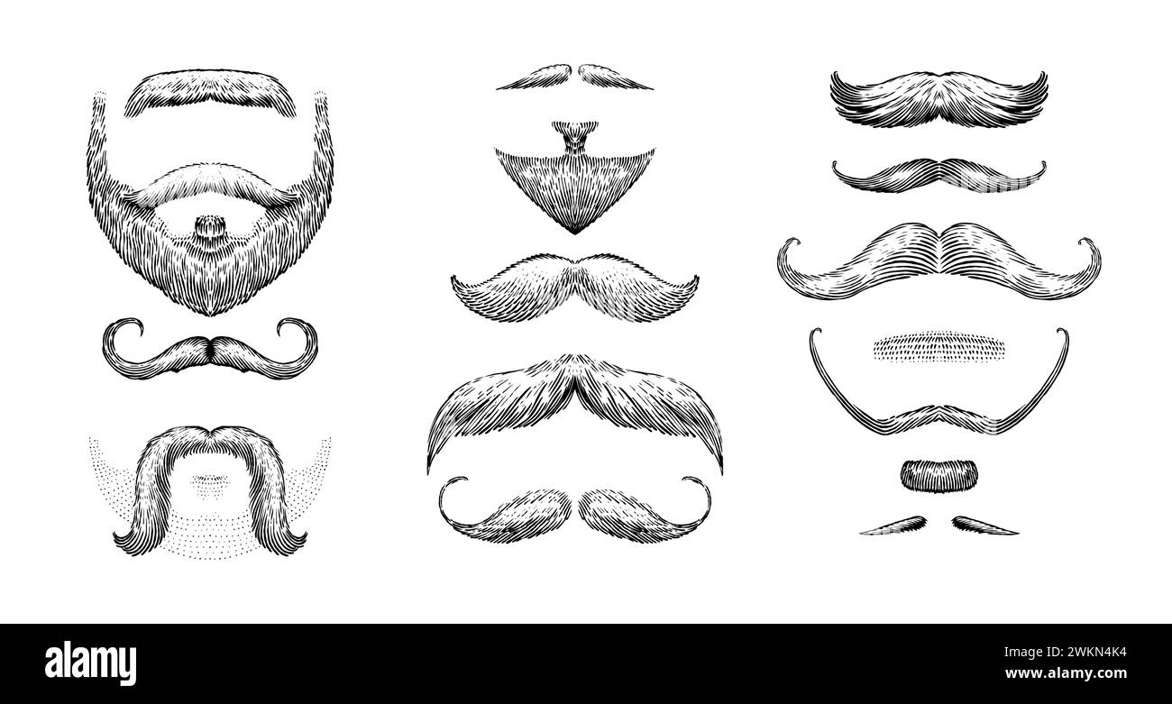 A set of moustache and beards on a white background. Hipster and retro ...