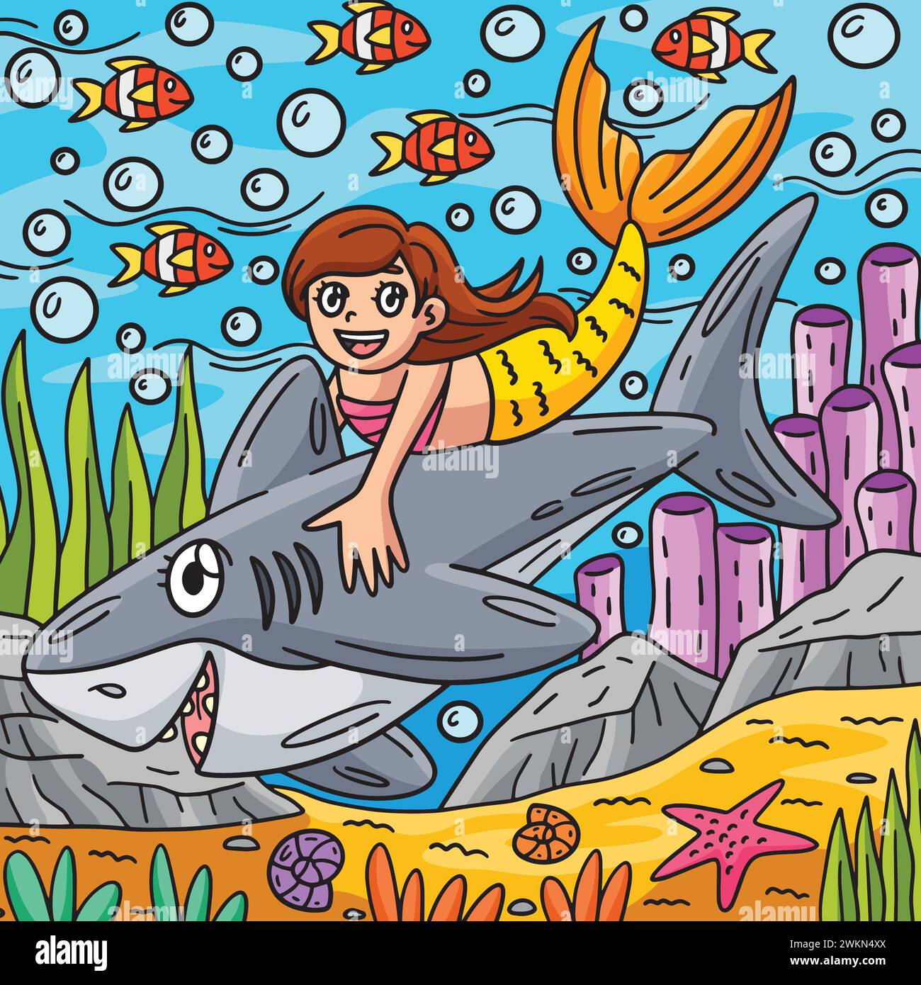 Shark and Mermaid Colored Cartoon Illustration Stock Vector Image & Art ...