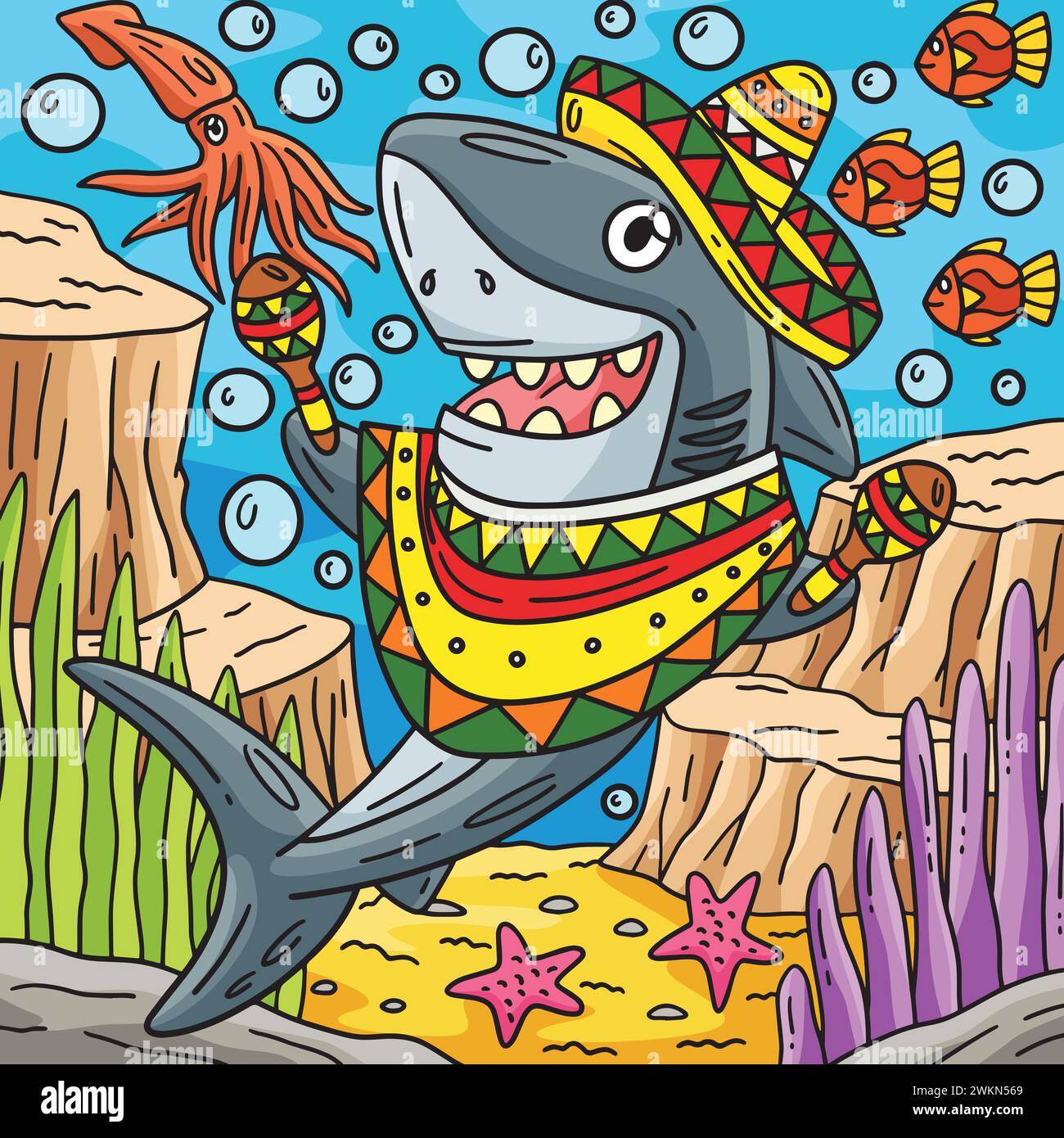 Shark with Sombrero and Maracas Colored Cartoon Stock Vector Image ...