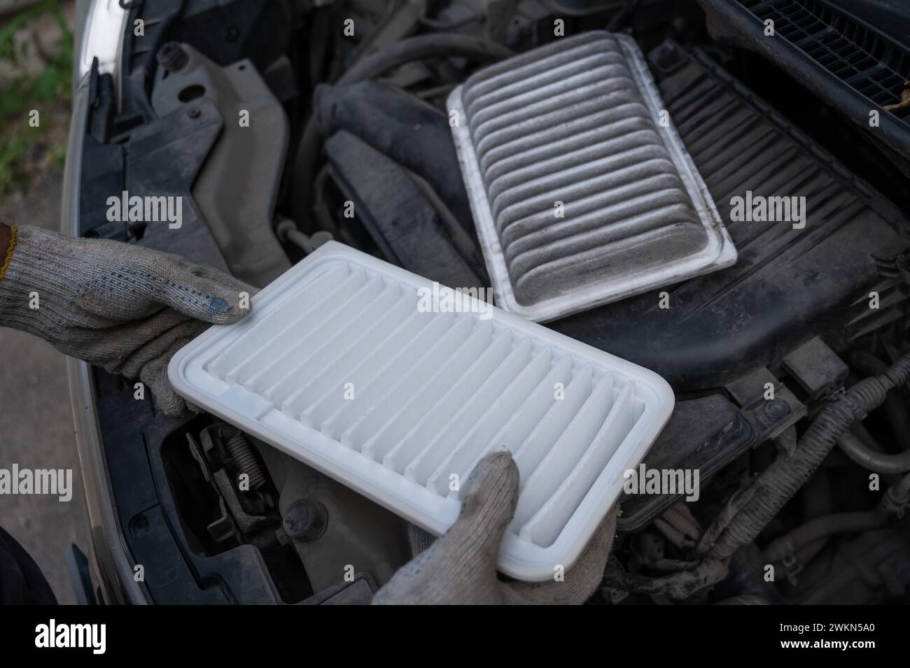 The master changes the air filter in the car engine Stock Photo - Alamy