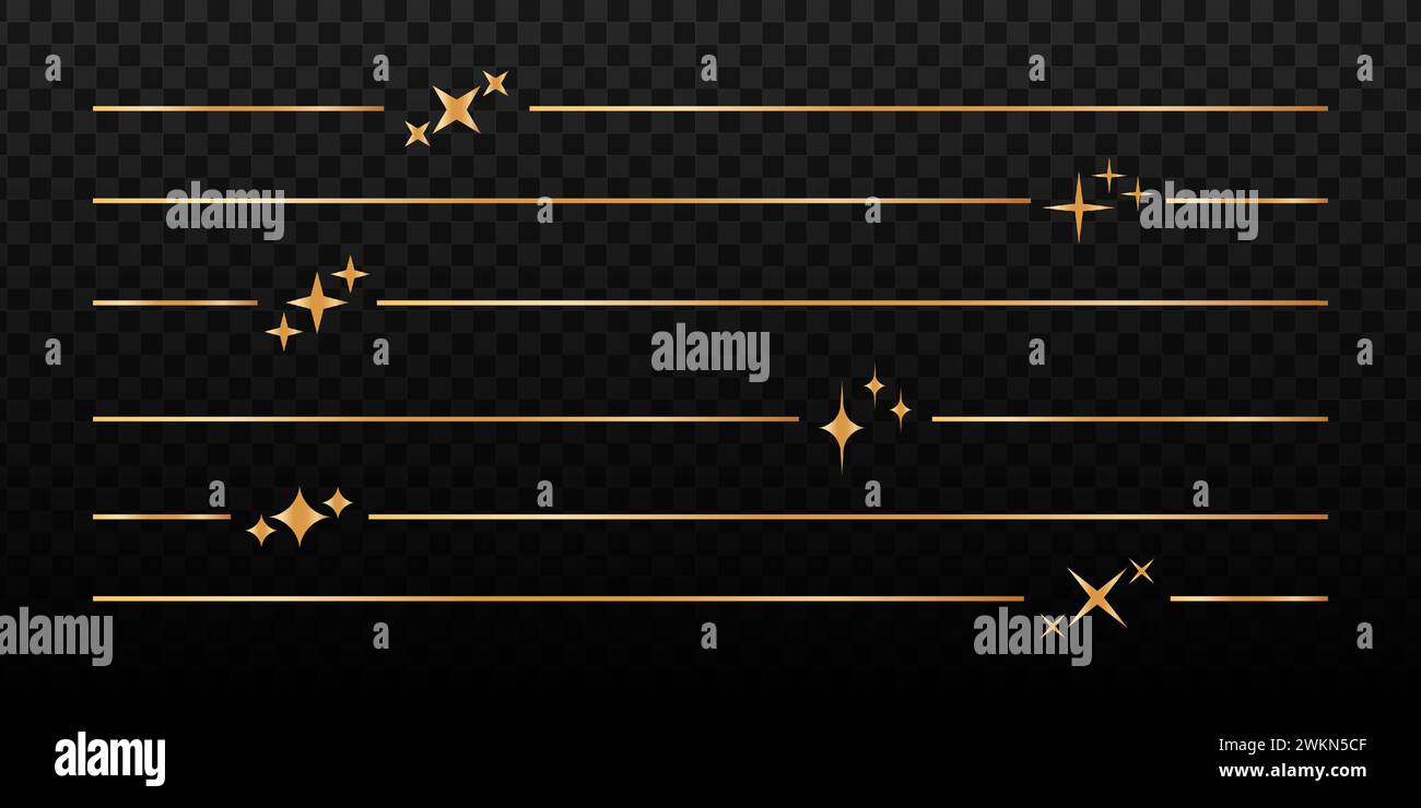 Set of golden page dividers isolated on dark background. Separate lines ...