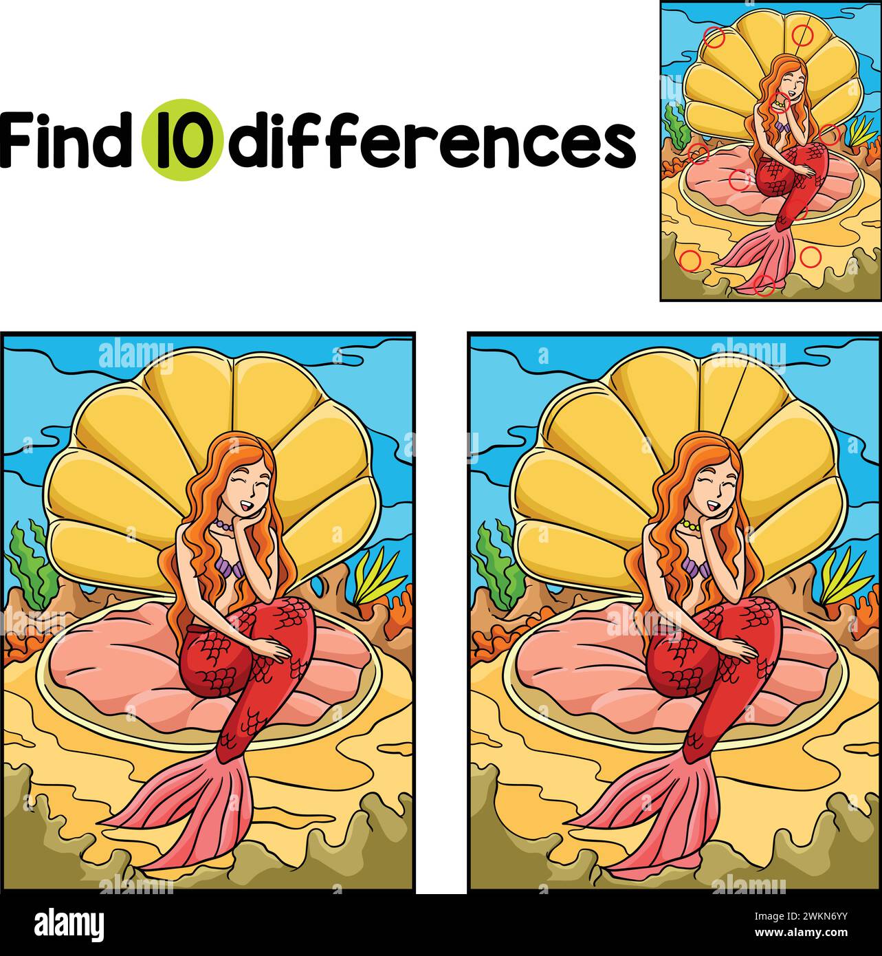 Mermaid Sitting Clam Shell Find The Differences Stock Vector Image ...