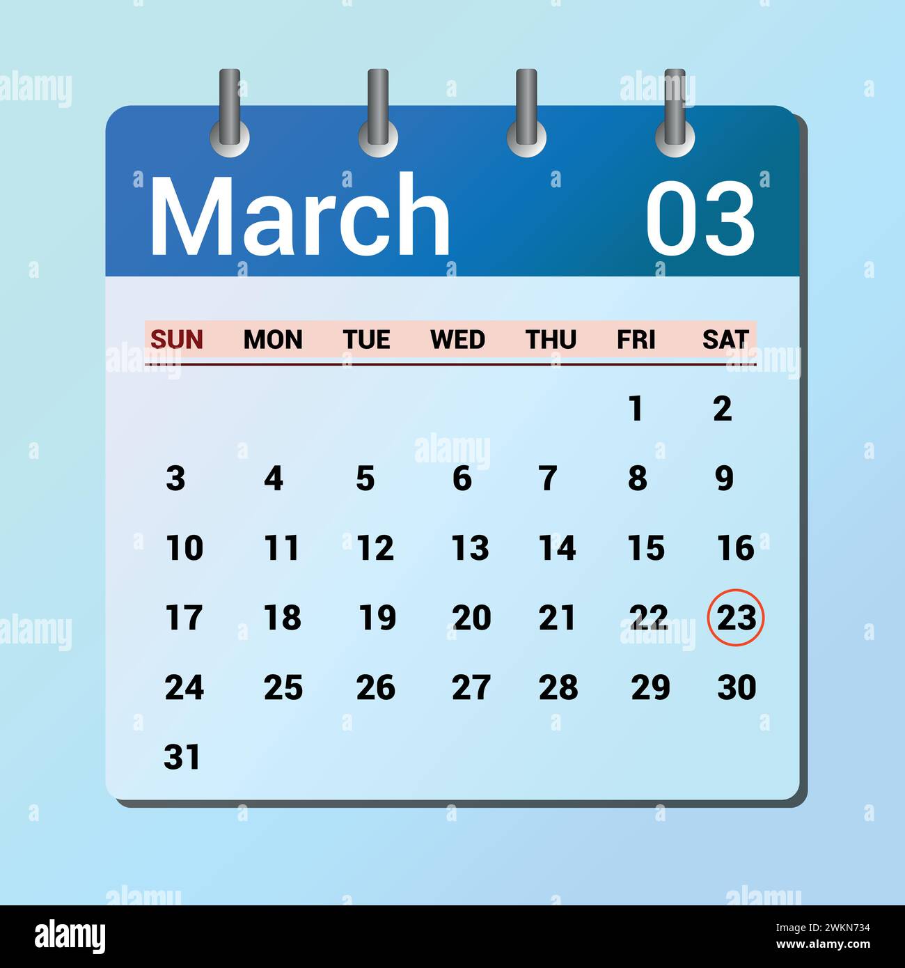 March 23. Flat icon calendar isolated on blue background. Date and ...