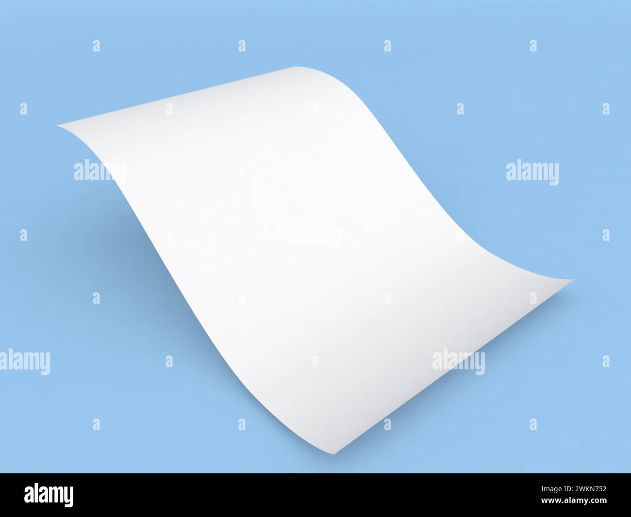 Sheet of white paper of curved A4 paper on a blue background. 3d render ...