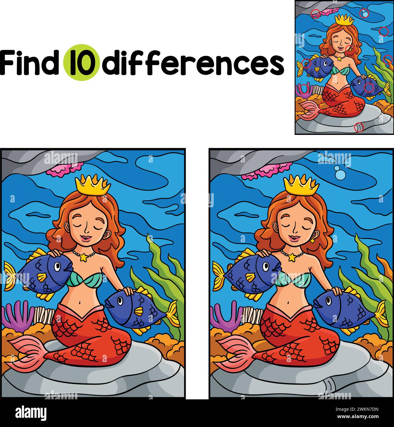 Princess Mermaid and Fish Find The Differences Stock Vector Image & Art ...