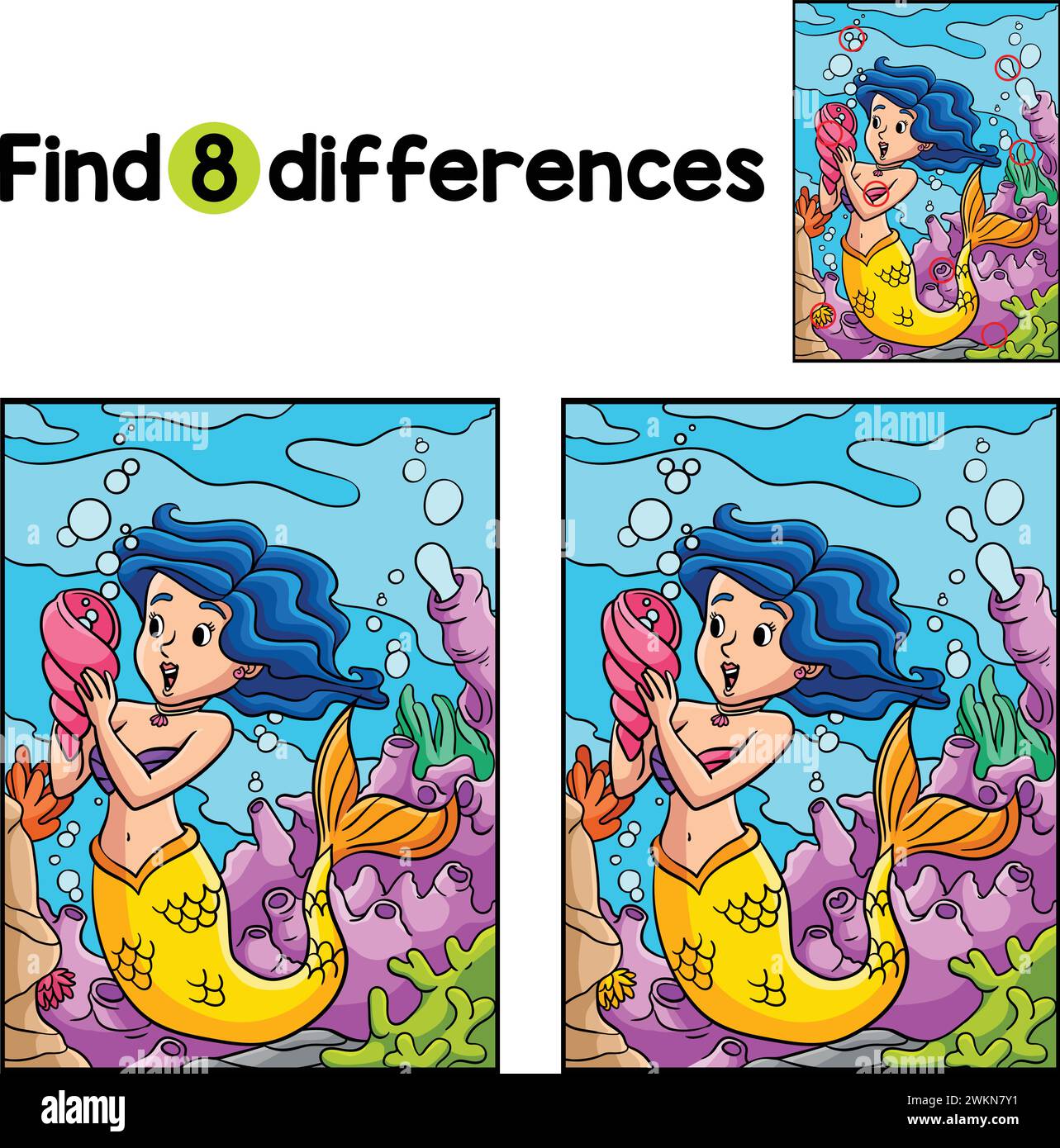 Mermaid Holding Spiral Shell Find The Differences Stock Vector Image ...