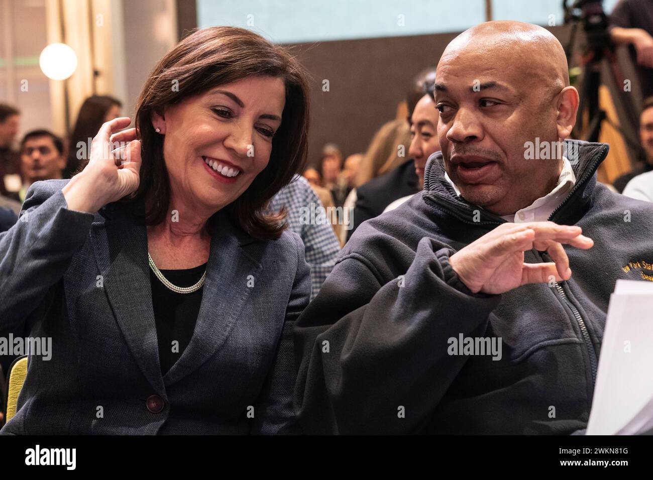 New York State Governor Kathy Hochul speaks with Assembly Speaker Carl ...