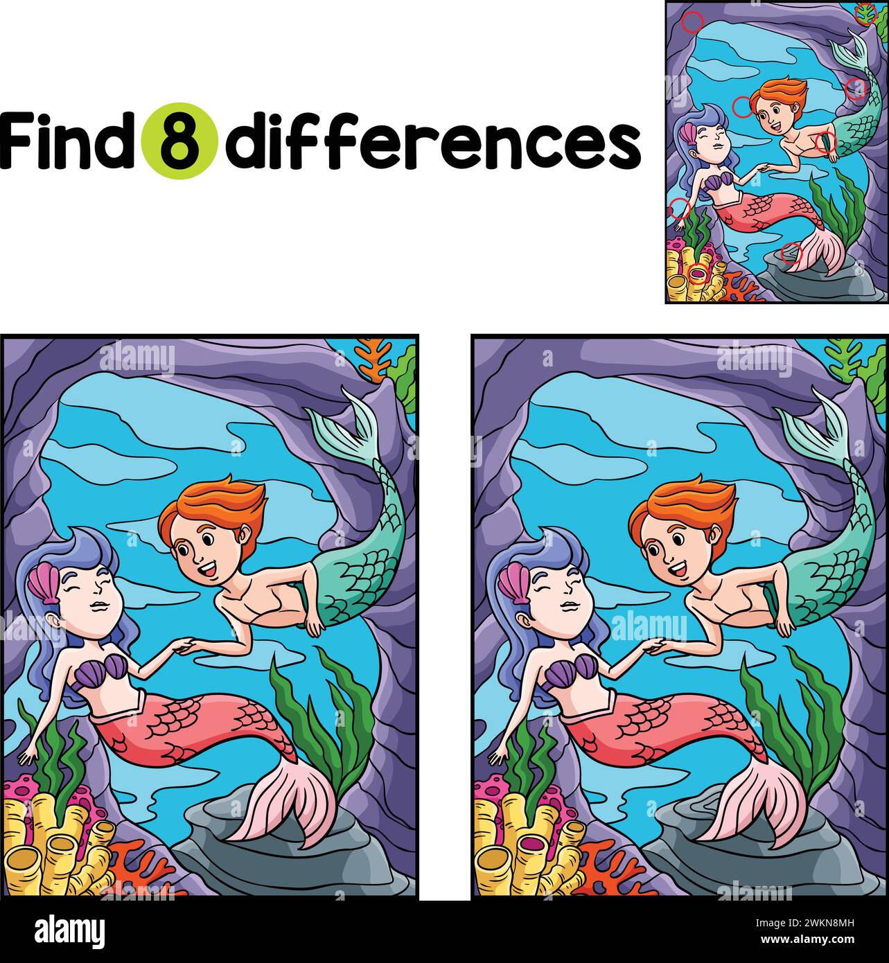 Mermaid and a Merman Find The Differences Stock Vector Image & Art - Alamy