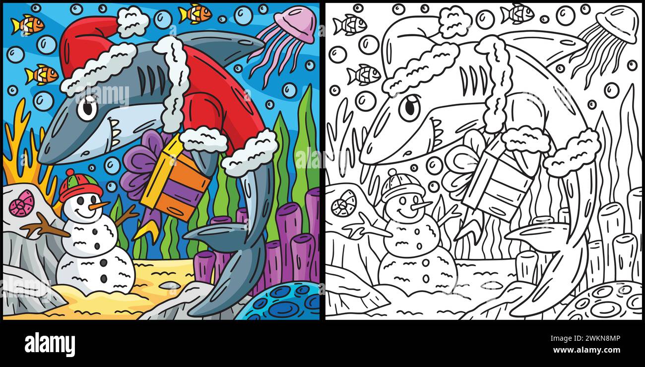 Santa Shark Coloring Page Colored Illustration Stock Vector Image & Art ...