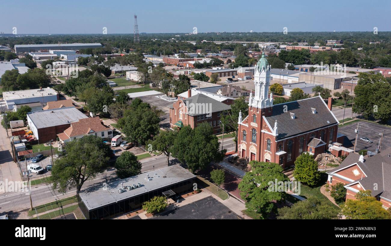 Afternoon view of a historic church and buildings in Old Town Wichita ...