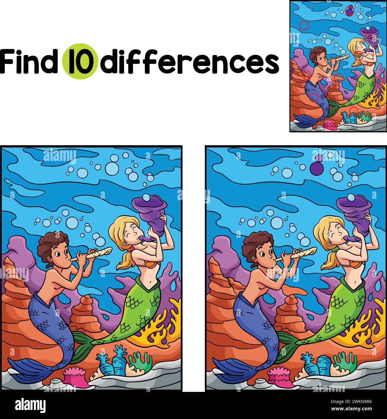 Mermaid Playing Flute Find The Differences Stock Vector Image & Art - Alamy