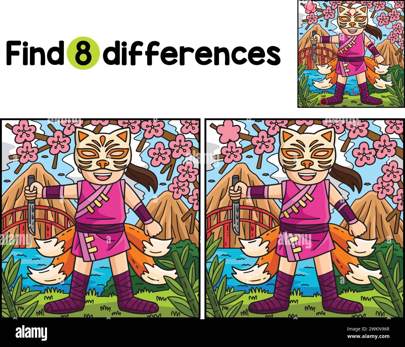 Ninja Kitsune Mask and Tail Find The Differences Stock Vector Image ...