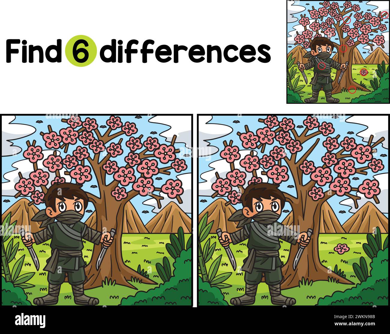 Ninja under the Sakura Tree Find The Differences Stock Vector Image ...