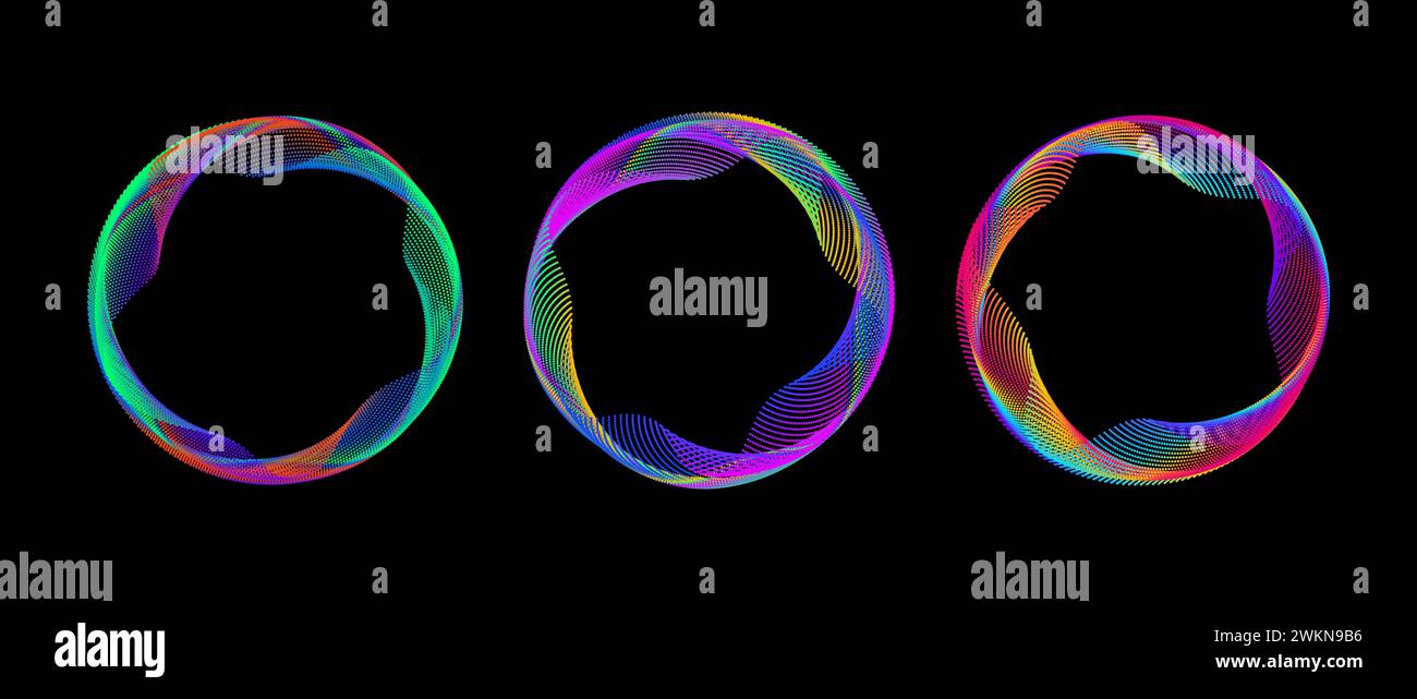 Neon iridescent dotted gradient circle set. Green, purple, red glow round tech frame collection ...