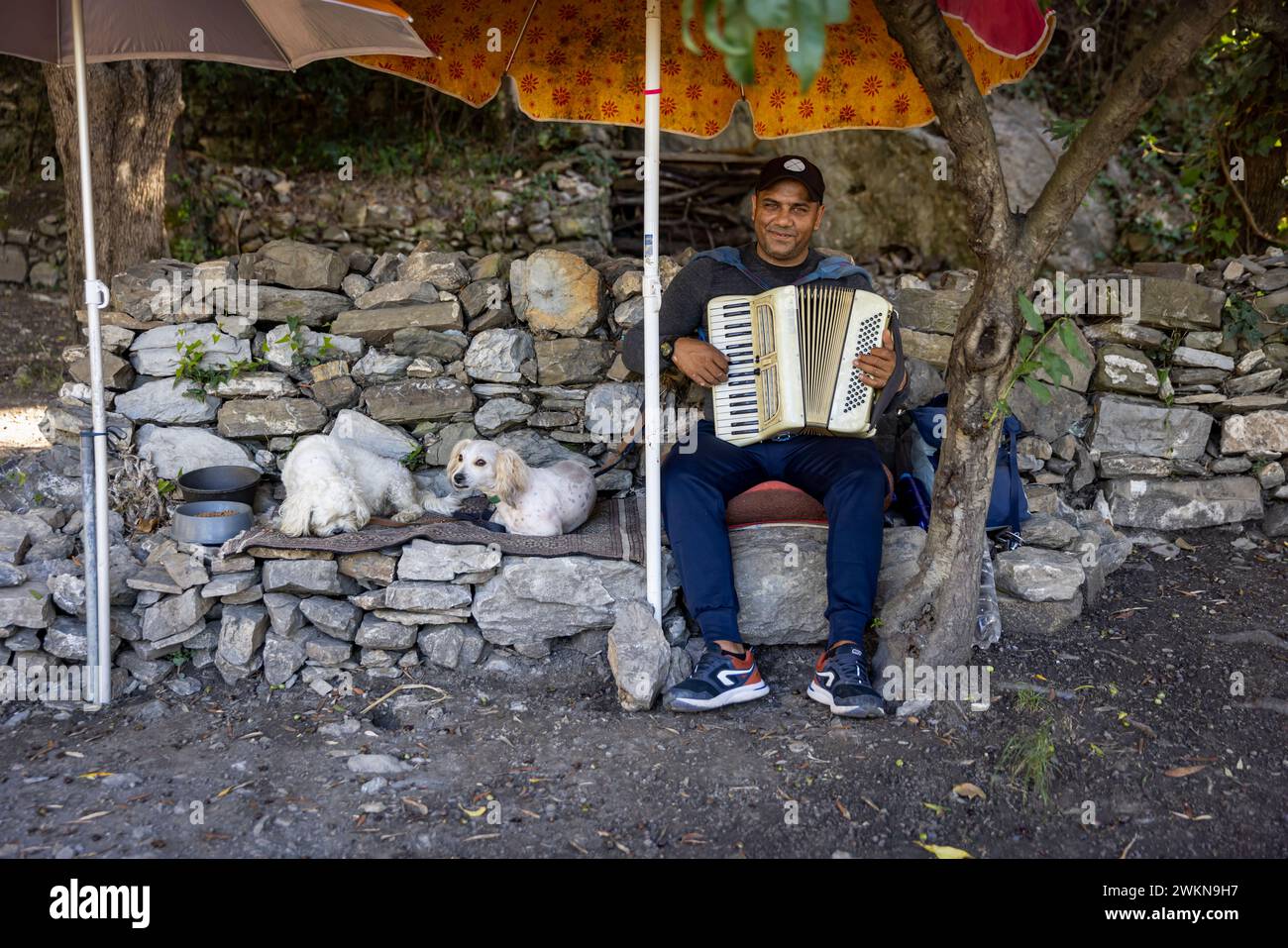 A man plays the accordion in Cinque Terre along centuries old goat path ...