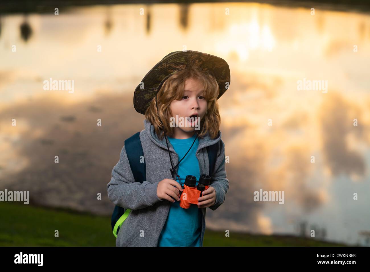 Child discovery concept. Travel and adventure concept. Little child boy ...