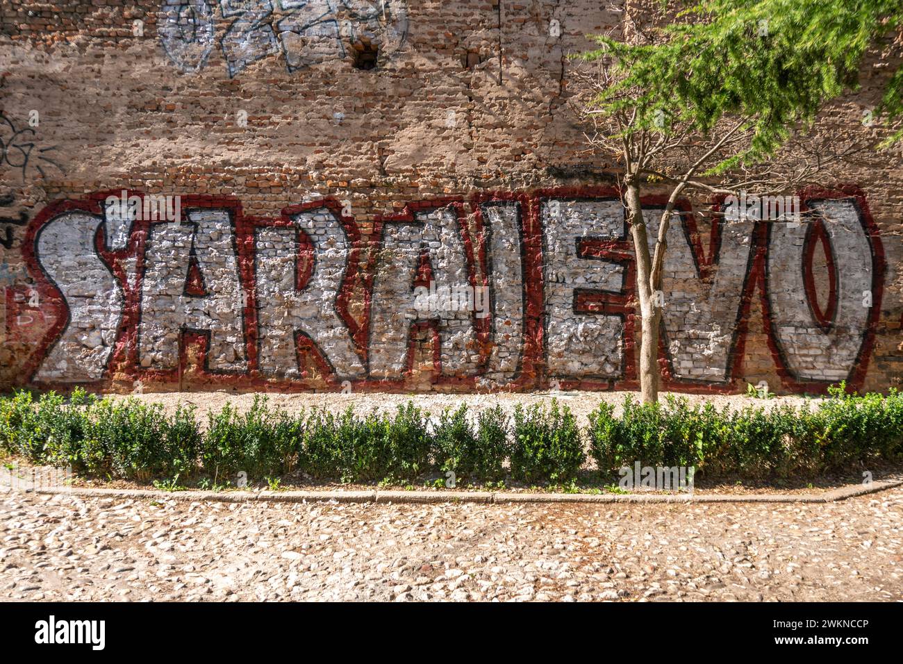 SARAJEVO Graffiti sign on a wall in historical center of Sarajevo ...