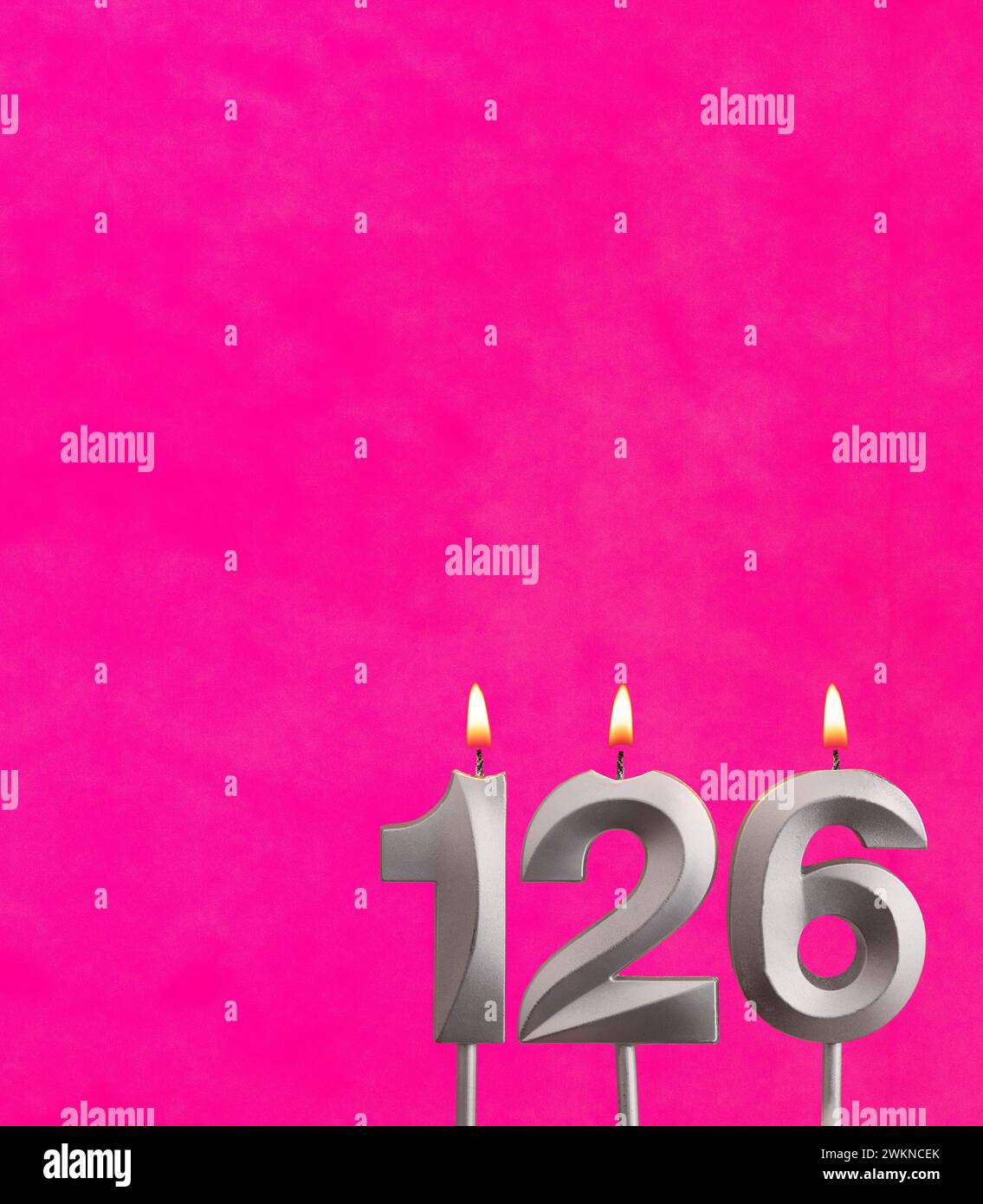 Candle 126 with flame - Birthday card in fuchsia background Stock Photo ...