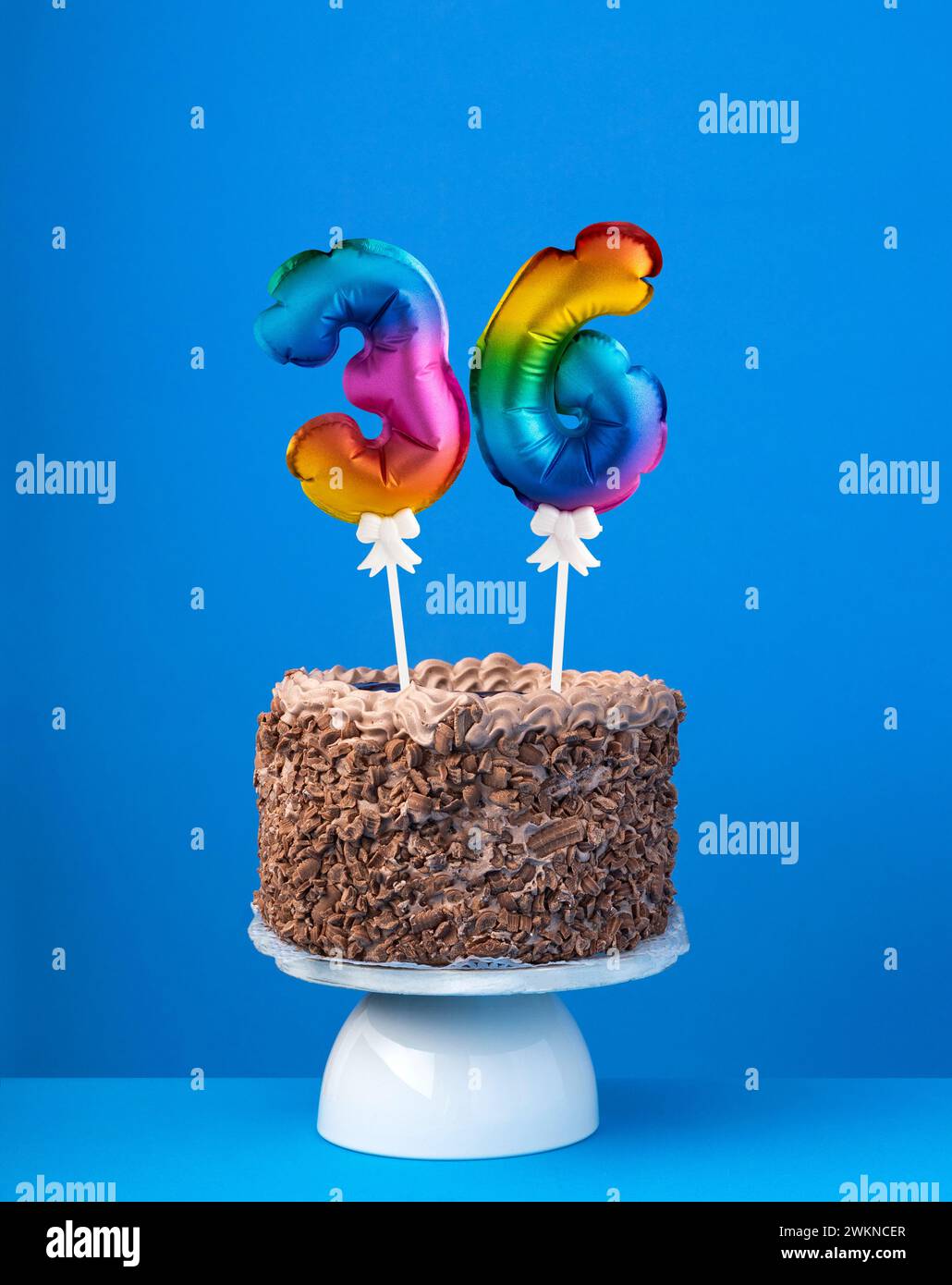 Birthday cake with balloon number 36 - Invitation card on blue ...