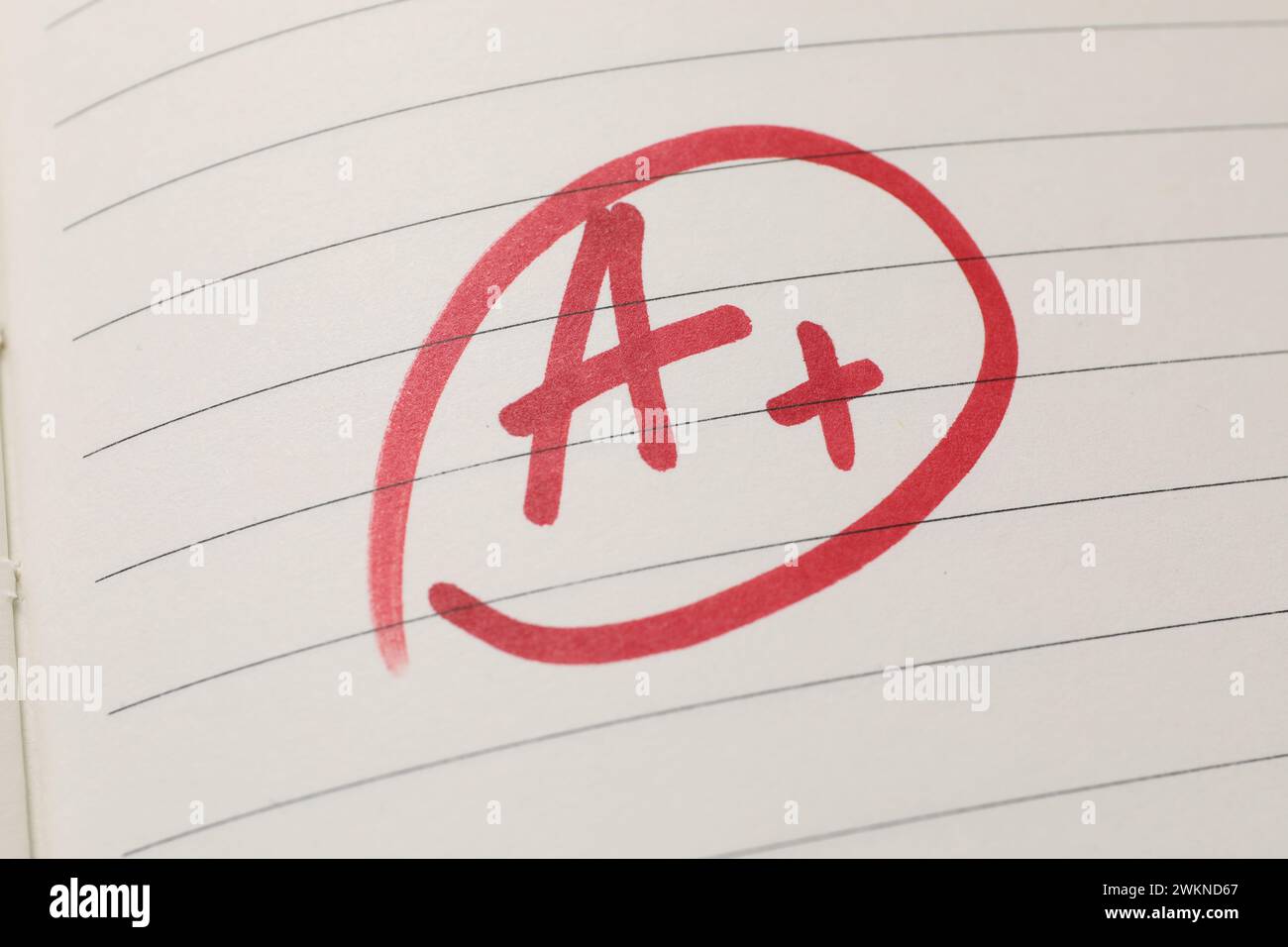 School grade. Red letter A with plus symbol on notebook paper, top view ...