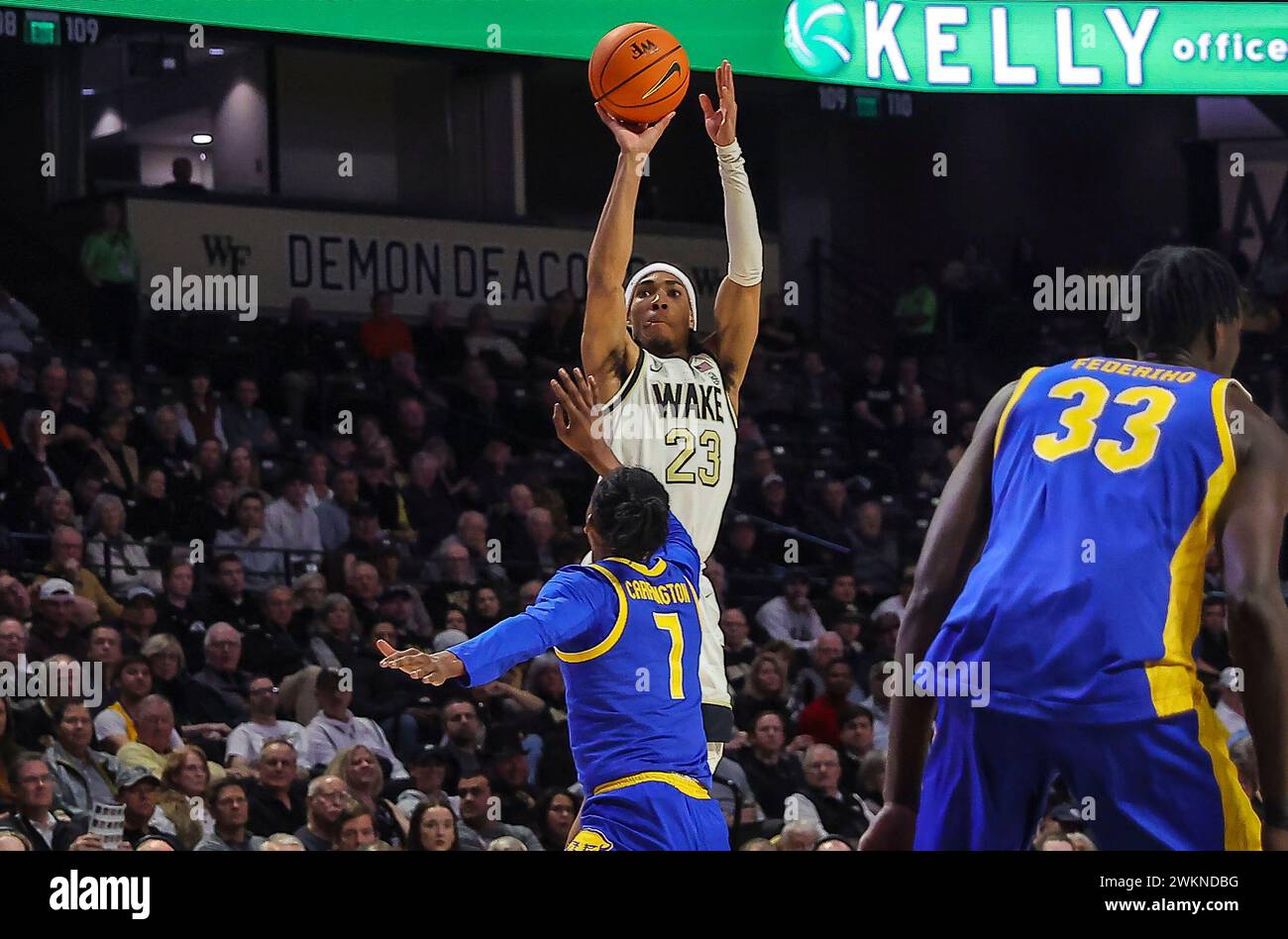 February 20, 2024: Wake Forest junior Hunter Sallis (23) shoots over ...