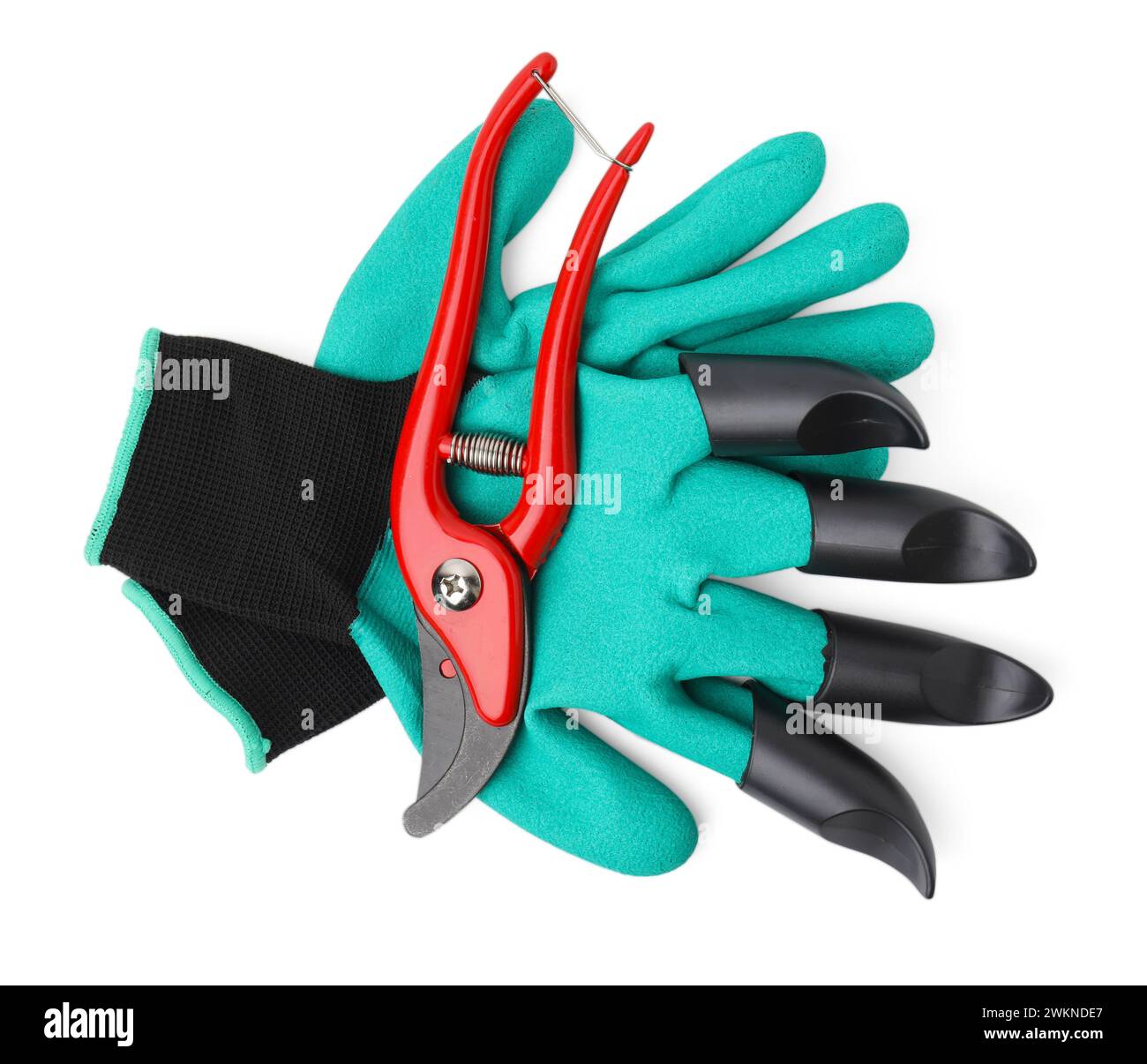 Pair of claw gardening gloves and secateurs isolated on white, top view Stock Photo - Alamy