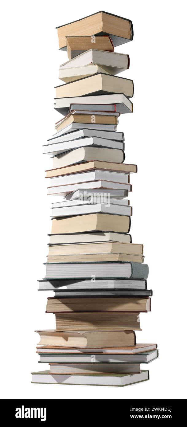 High stack of many different books isolated on white Stock Photo - Alamy