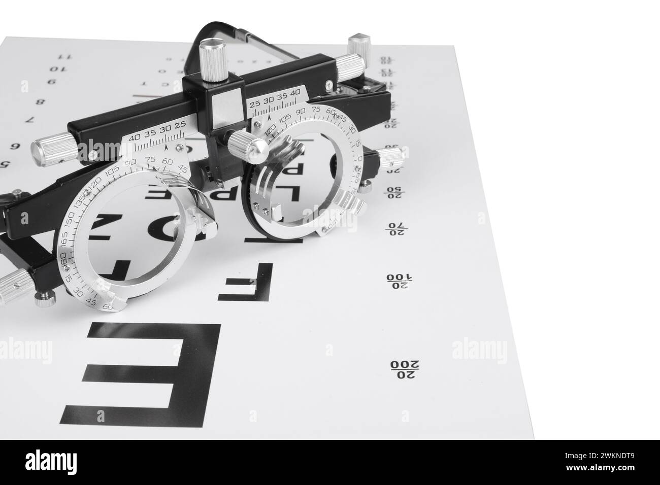 Trial frame and vision test chart isolated on white Stock Photo - Alamy