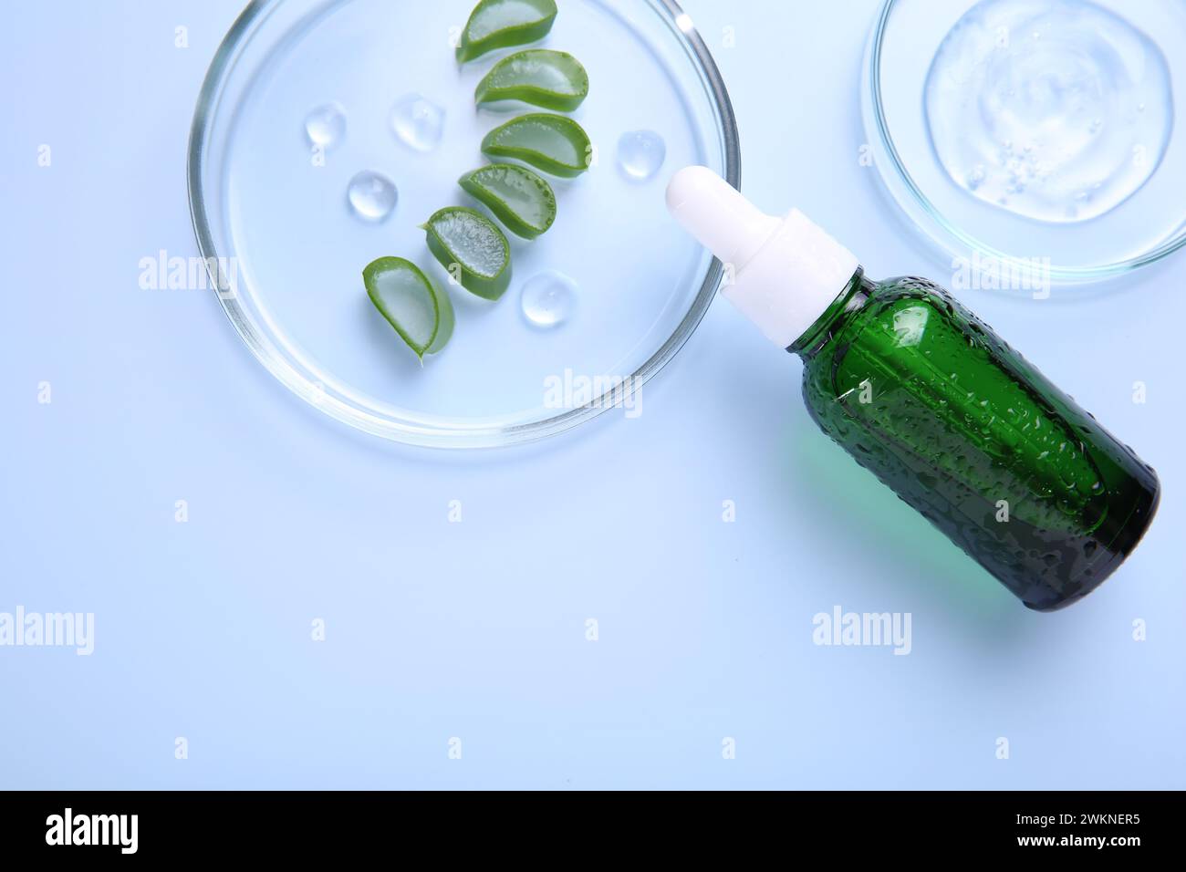 Cut aloe vera, bottle and cosmetic gel on light blue background, flat ...