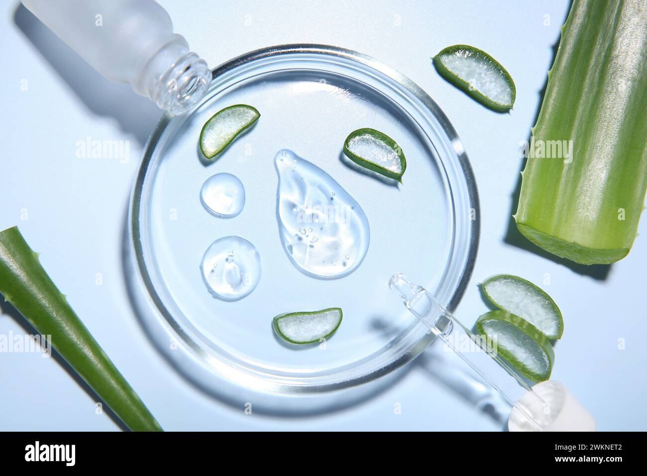 Cut aloe vera, bottle and drops of cosmetic gel on light blue ...