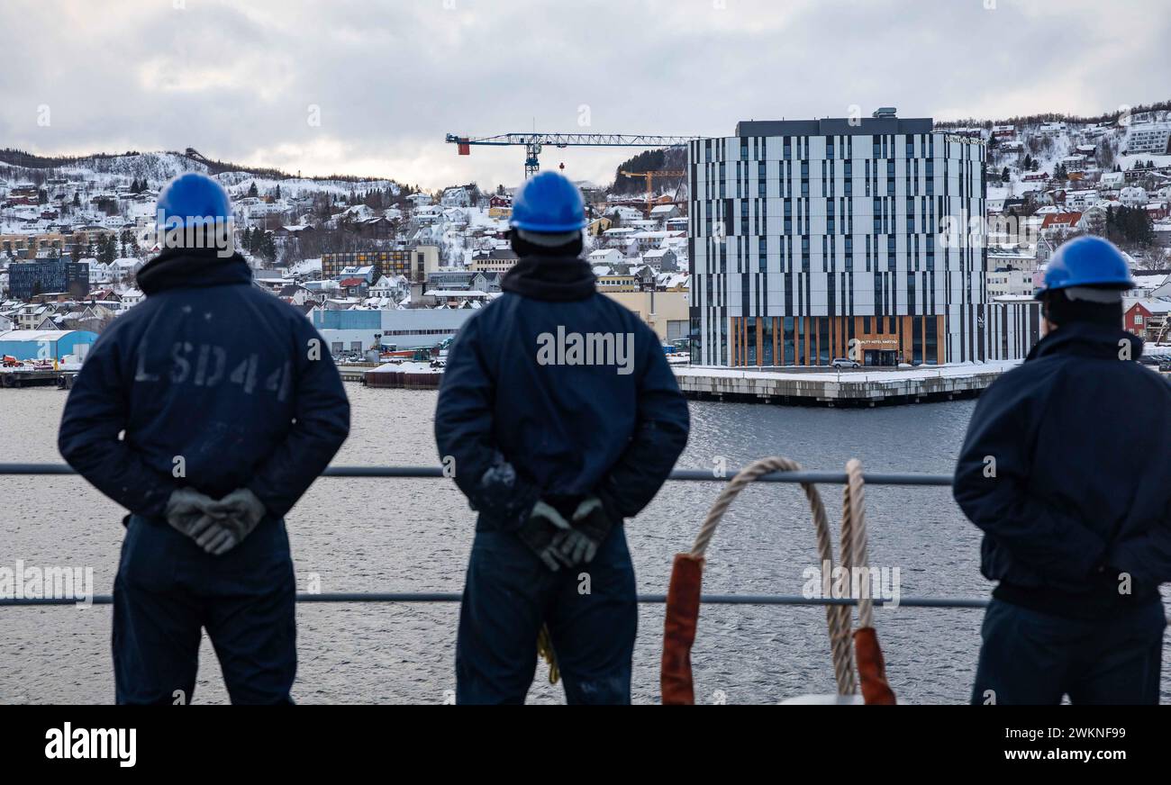 Harstad, Norway. 21st Feb, 2024. Sailors man the rails of the Whidbey ...