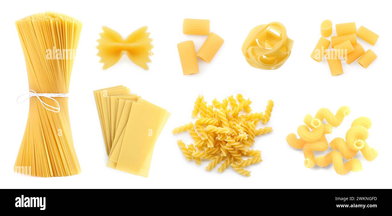 Different types of pasta isolated on white, set Stock Photo - Alamy