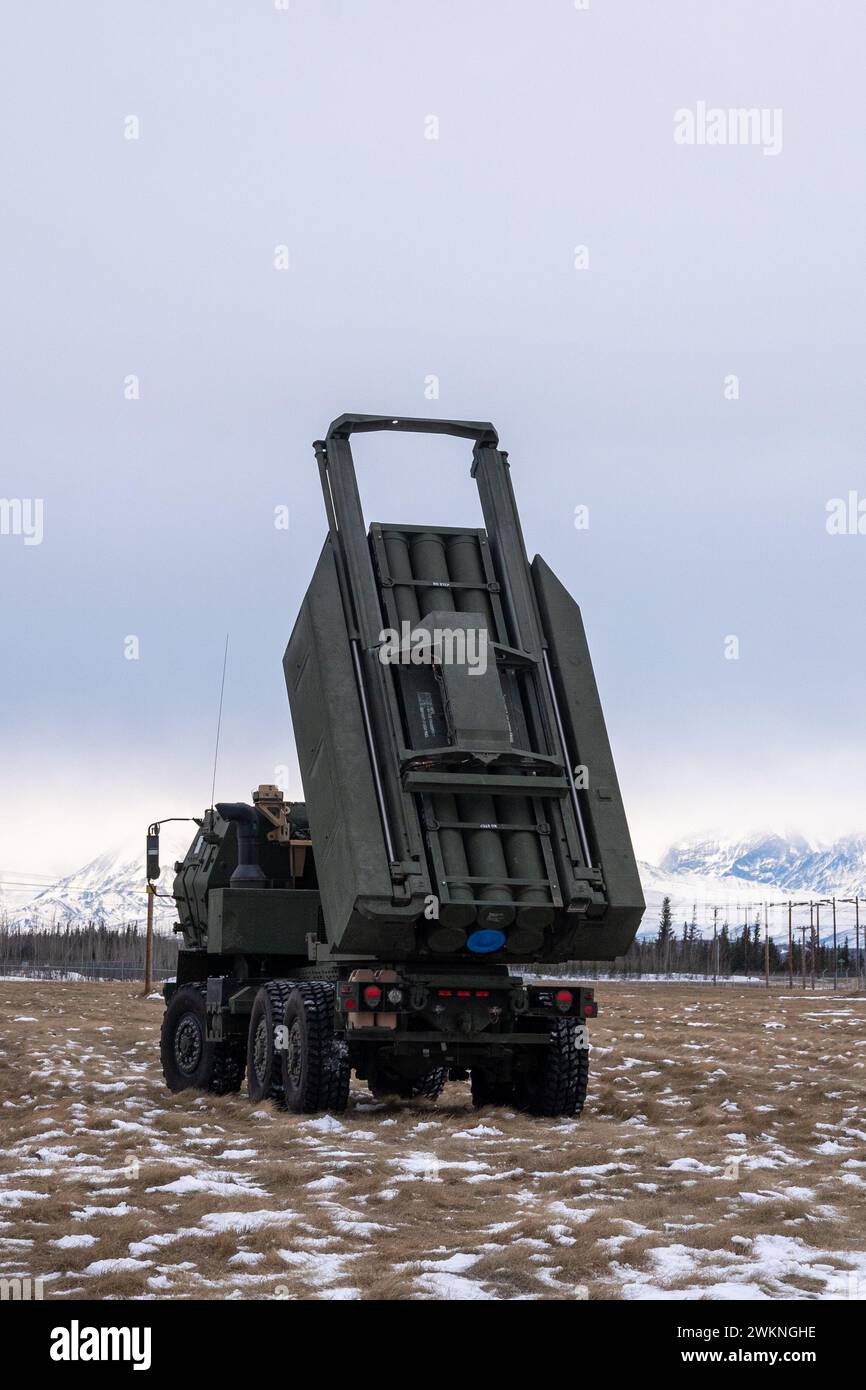 A U.S. Marine Corps High Mobility Artillery Rocket System (HIMARS) is ...