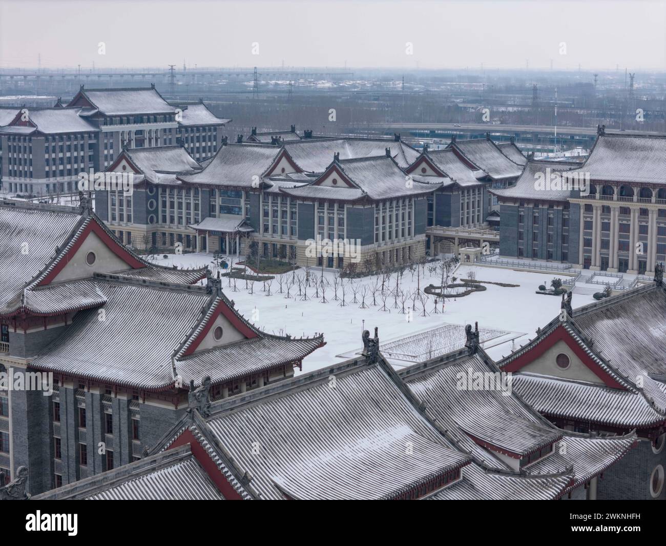 An aerial of the ancient style buildings in the new campus of Henan ...