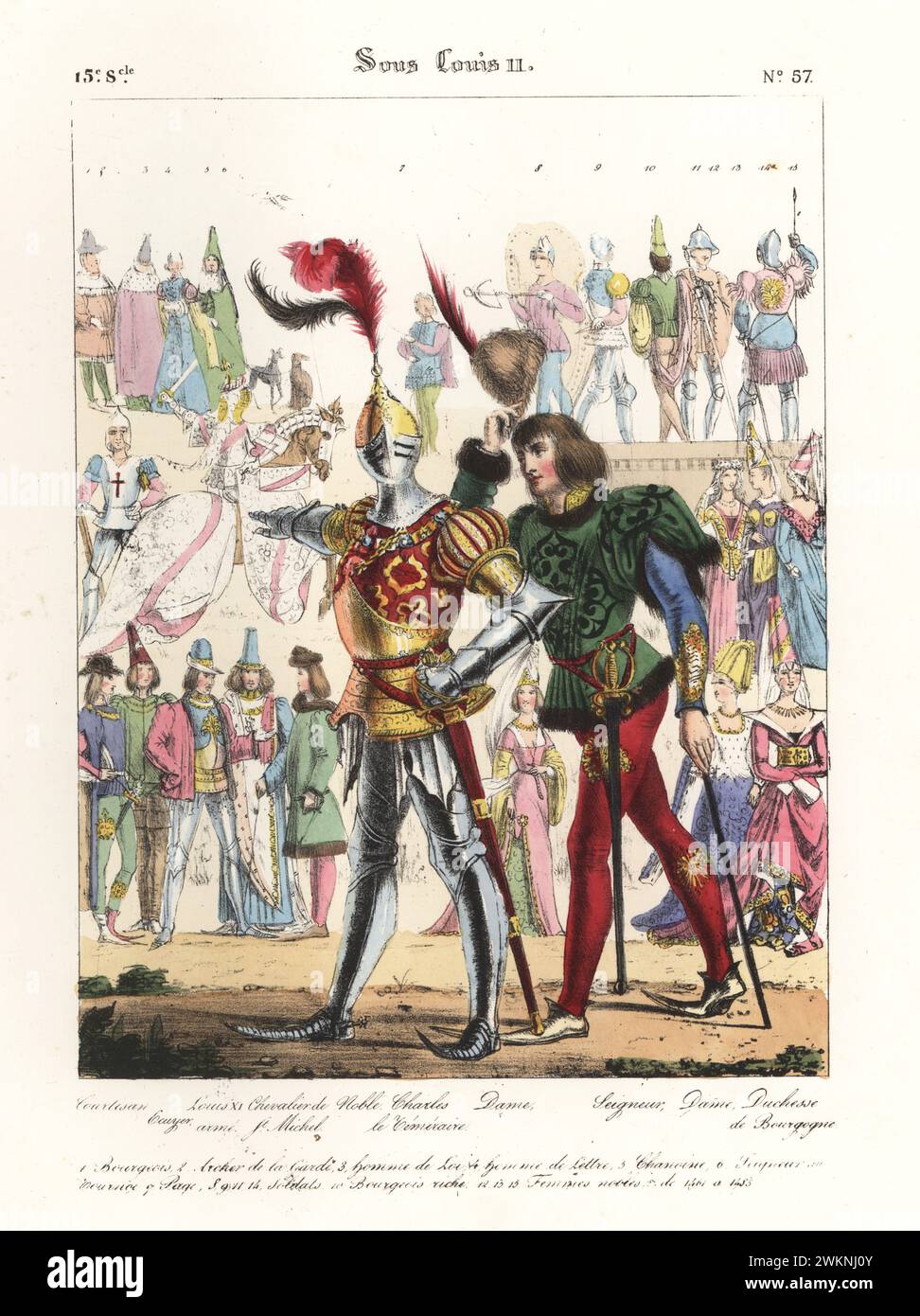 Charles the Bold of Burgundy in plumed helmet, suit of plate armour ...