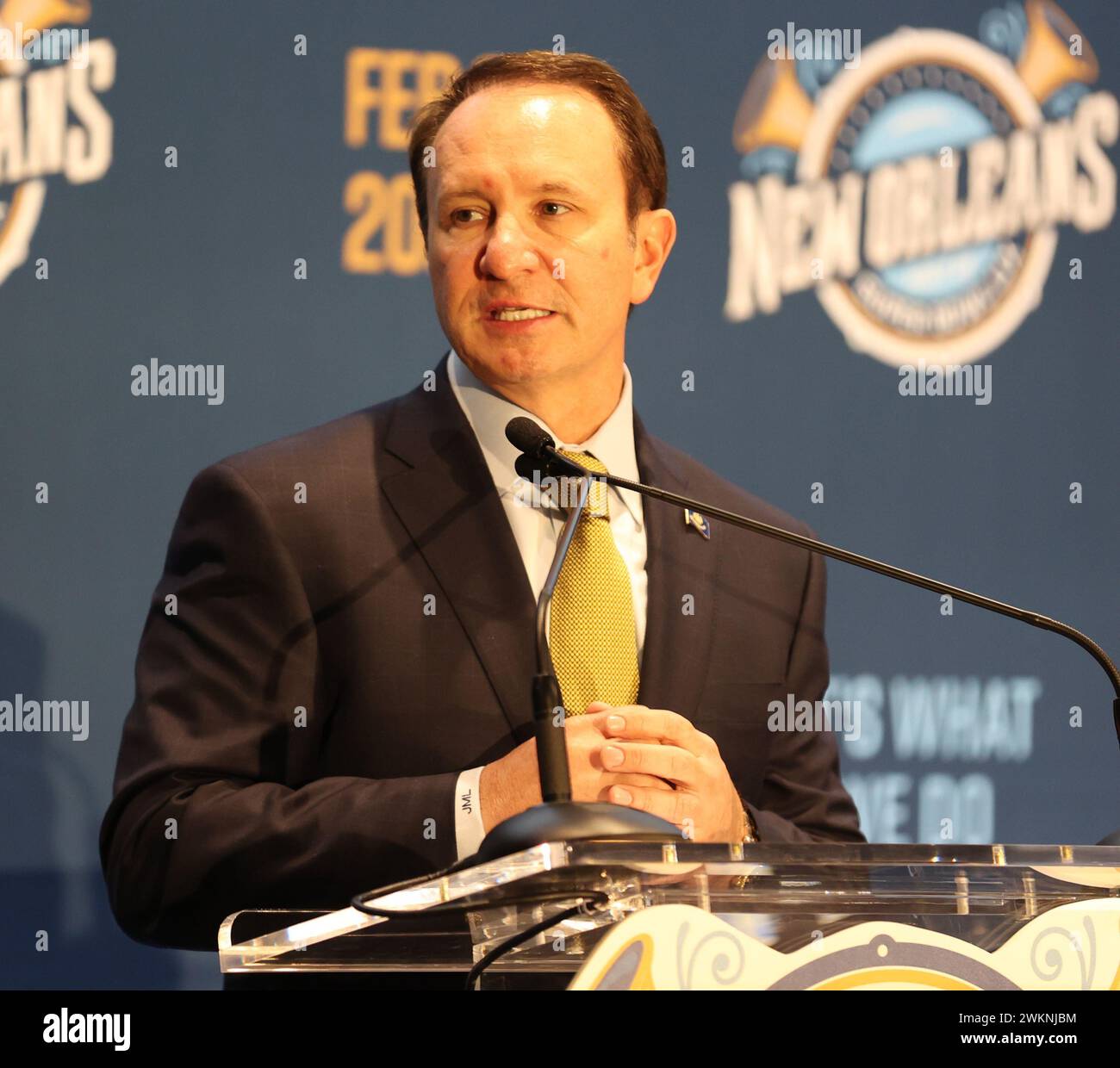 Louisiana Governor Jeff Landry speak during the Super Bowl LIX Kickoff ...