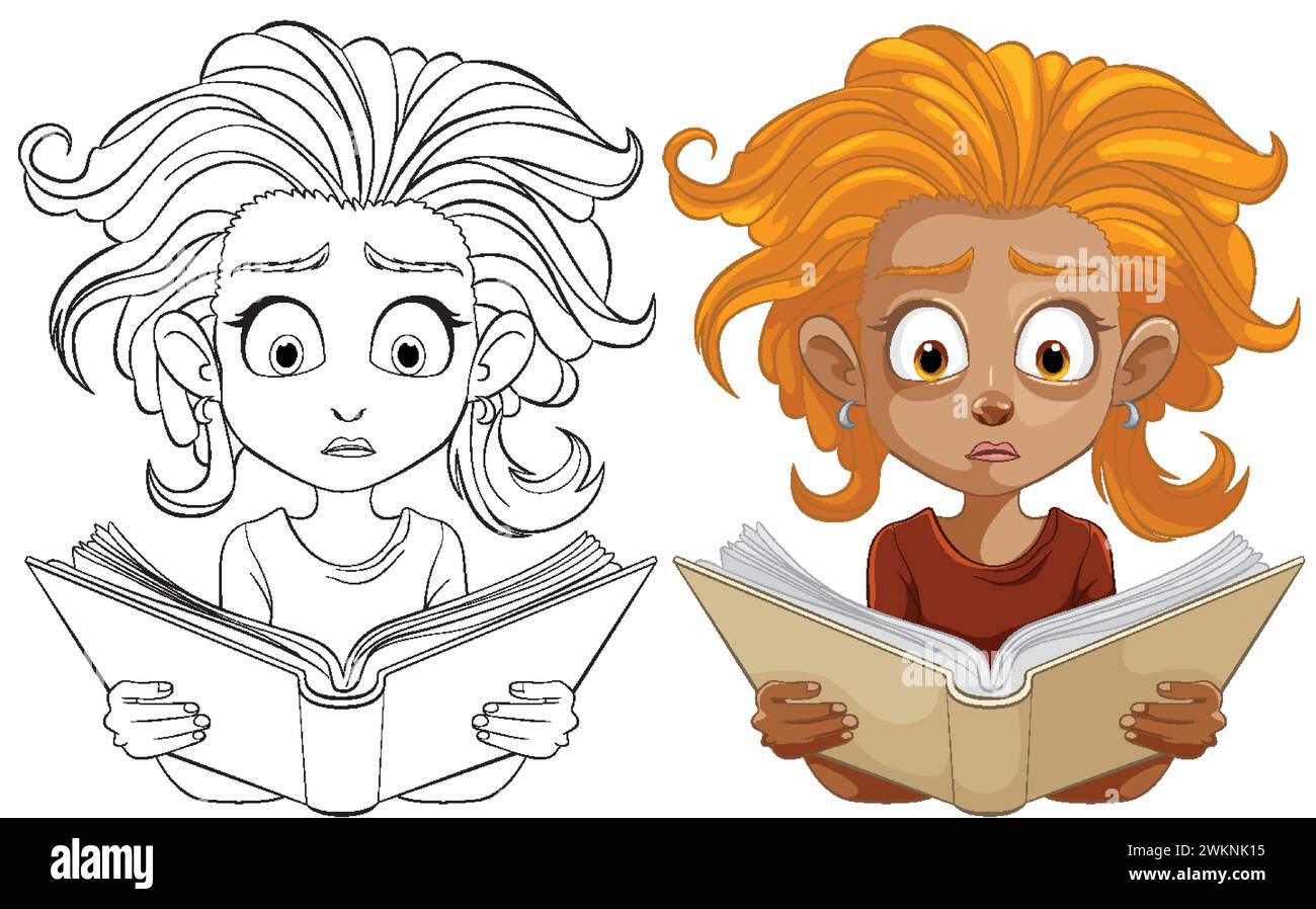 Two illustrations of a child reading with a shocked expression Stock ...