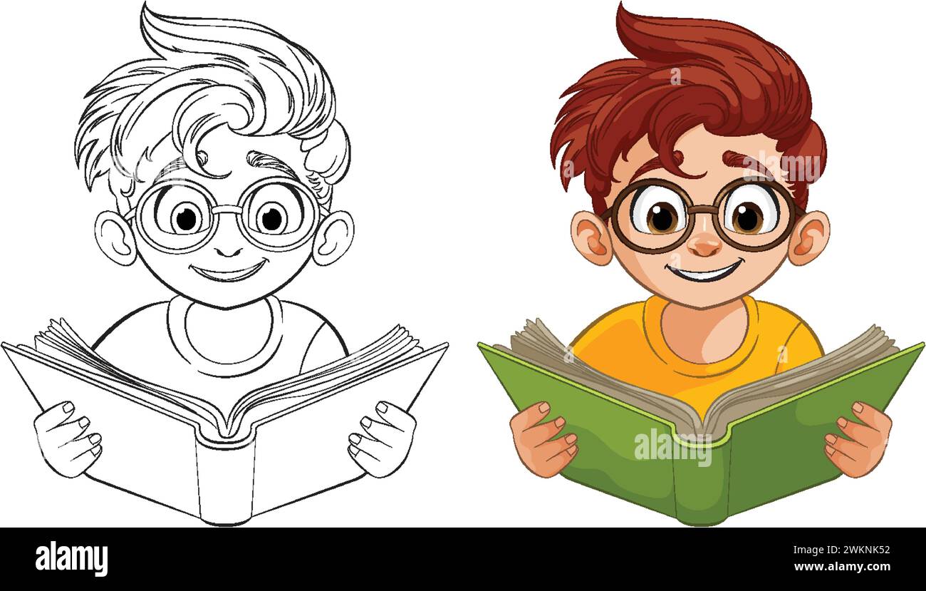 Two cartoon children happily reading colorful books Stock Vector Image ...