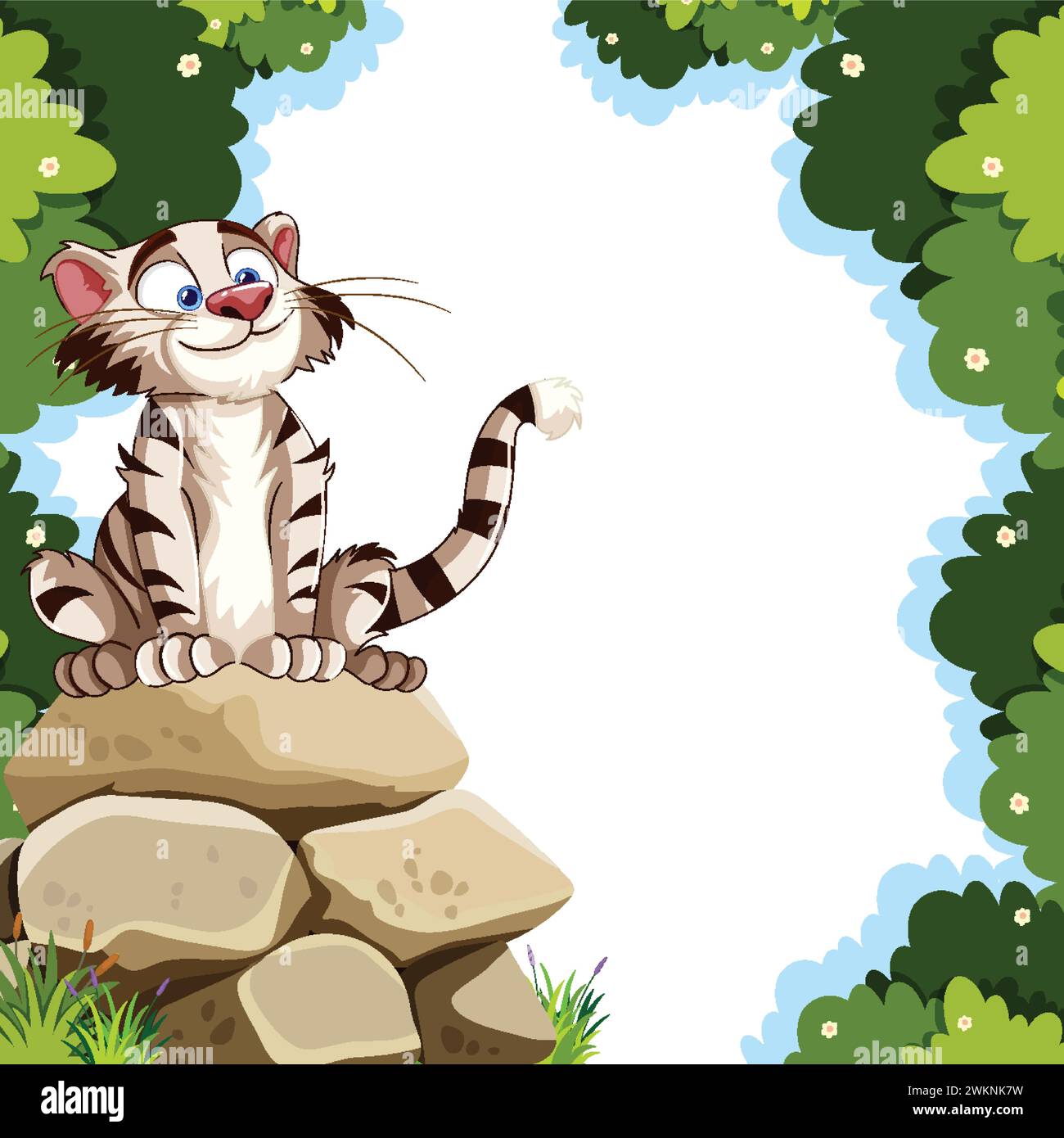 A happy cartoon cat sitting on rocks surrounded by foliage Stock Vector ...