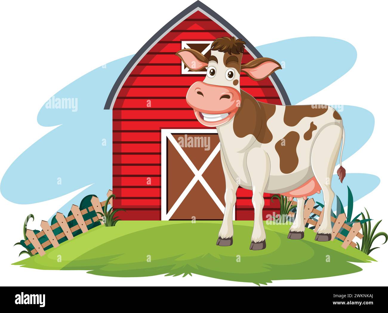 A cheerful cow standing in front of a red barn Stock Vector Image & Art ...
