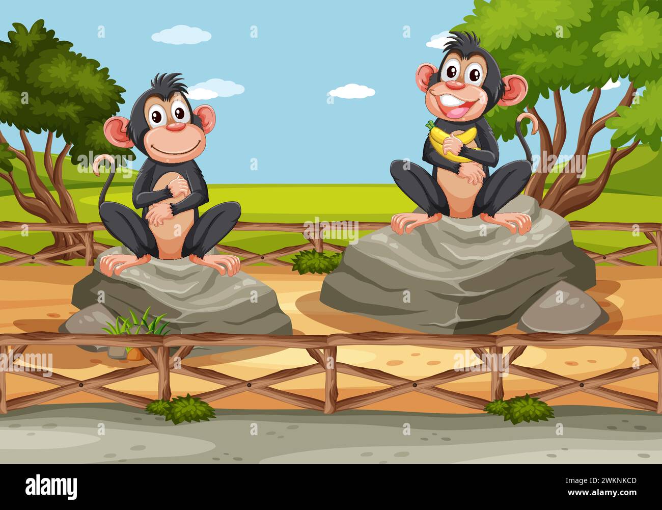 Two happy monkeys sitting on rocks over a bridge Stock Vector Image ...