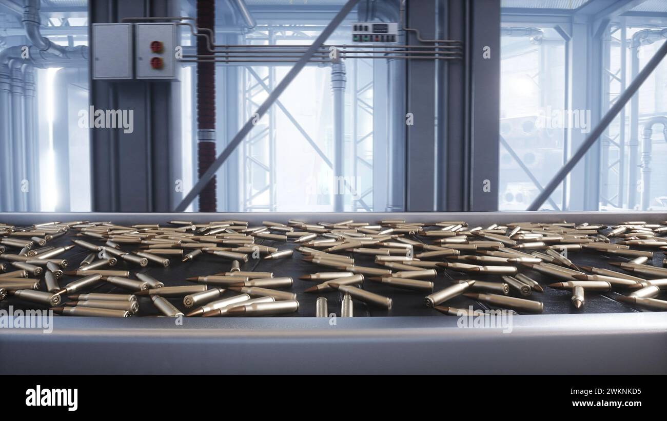 Bullet production, factory. Production line. War concept. 3d rendering ...