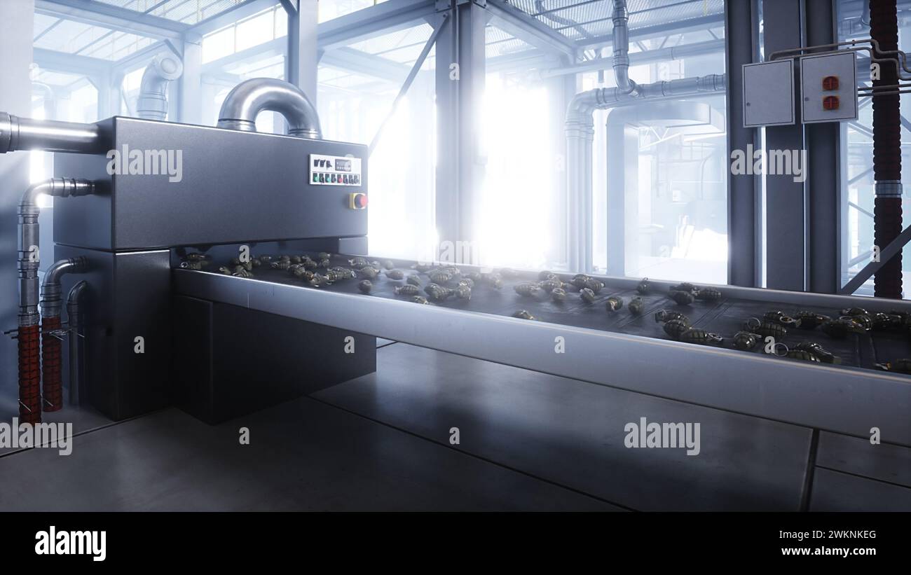 Military grenade production line. Factory. 3d rendering Stock Photo - Alamy