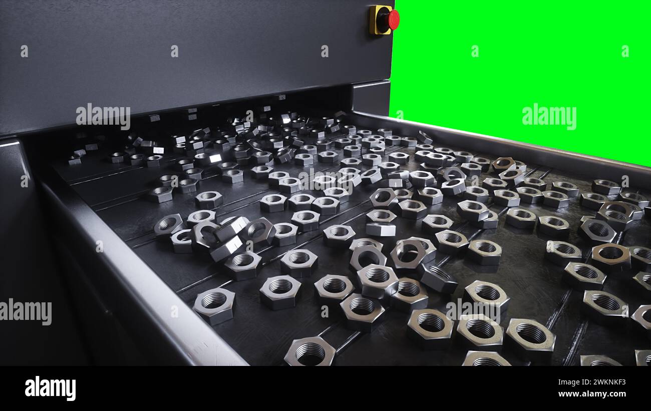 Metallic nut process production. Factory, production line. 3d rendering ...